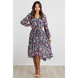 PRETTYGARDEN Women's Floral Print Boho Dress Long Sleeve Wrap V Neck Ruffle Belted A-Line Flowy Maxi Dresses (Floral Purple,Small)