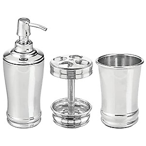 mDesign Metal Bathroom Vanity Countertop Accessory Set - Includes Refillable Soap Dispenser, Divided Toothbrush Stand, Tumbler Rinsing Cup, Vivi Collection, Set of 3, Chrome