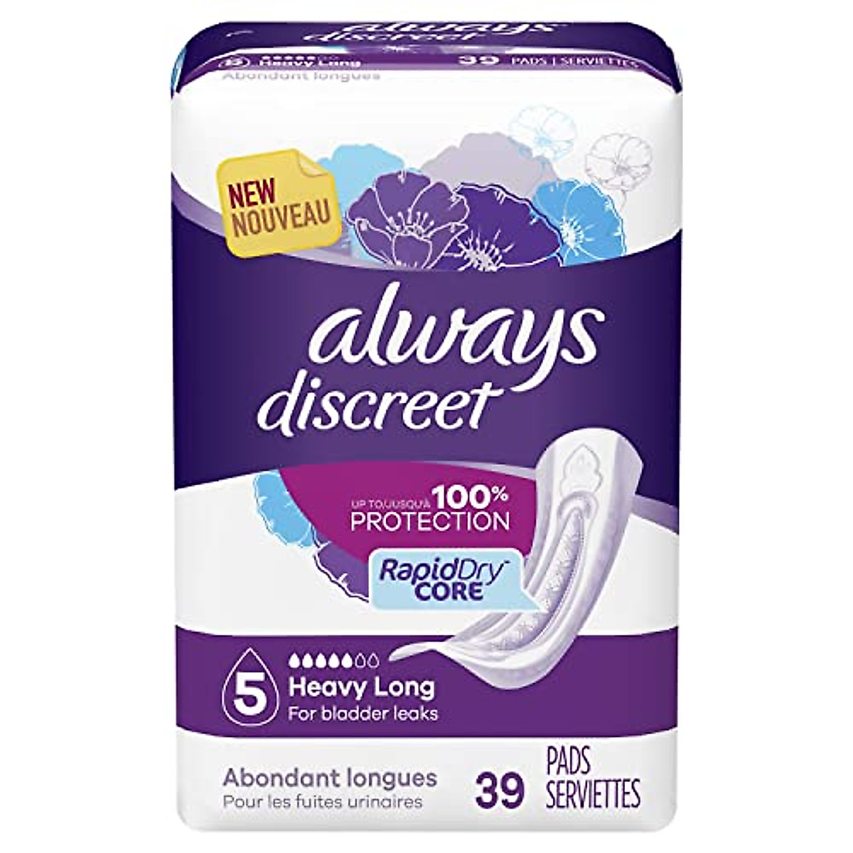 Always Discreet Incontinence Pads for Women, Heavy Absorbency, Long Length, 39 Count