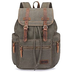 Bluboon Canvas Vintage Backpack Leather Casual Bookbag Men Rucksack (Green)