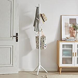 YMYNY Wooden Coat Rack Stand, Free Standing Hall Tree with 8 Hooks Super Easy Assembly, Adjustable Sizes Entryway Coat Rack for Hat, Clothes, Purse, Scarves, Handbags, White, HD-UHRF-1194