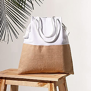 Srivilai Handcraft SRIVILAI Large Jute Canvas Shoulder Beach Bag, Stylish Two Tone Woven Natural Jute & White Canvas Boho Tote Bag, Eco-Friendly Summer Shopping Bag with Adjustable Rope Handle