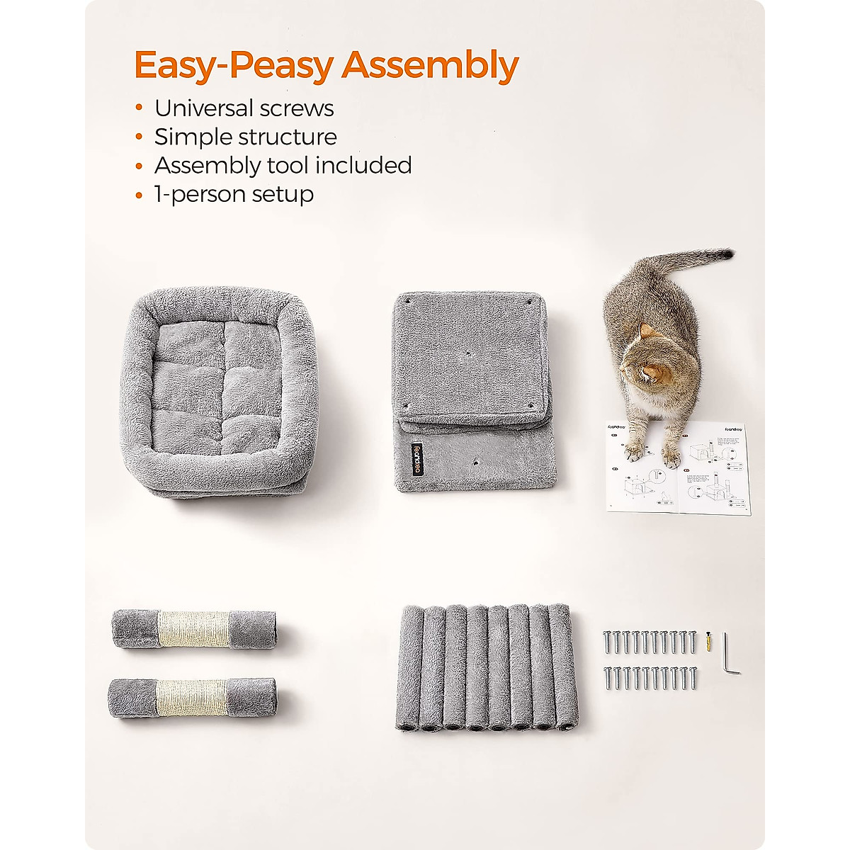 Feandrea Cat Tree, 29.1-Inch Cat Tower, M, Cat Condo for Medium Cats up to 11 lb, Large Cat Perch, 2 Cat Caves, Scratching Post, Light Gray UPCT612W01