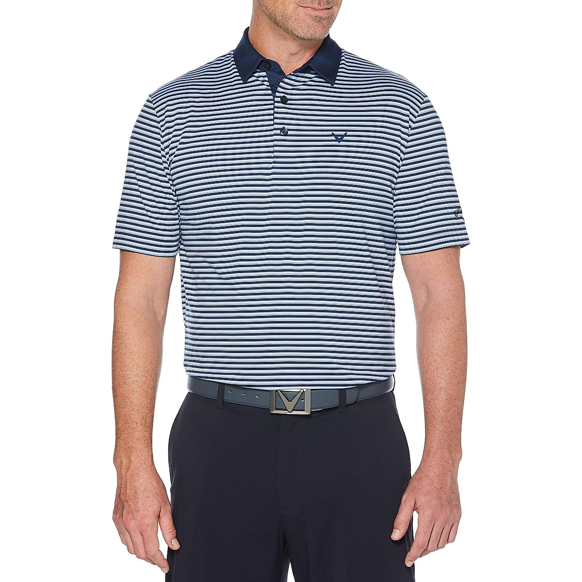 Callaway Men's Stripe Short Sleeve Golf Polo Shirt (Big & Tall and Regular), Medieval Blue, Small