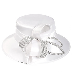 HISSHE Womens Church Derby Dress Hat Wide Brim Crystal Tea Party Wedding Hats (White)