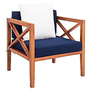 Safavieh PAT7031E Collection Nunzio Teak 4 Pc Accent Outdoor Set, Natural/Navy + Solid Pillow