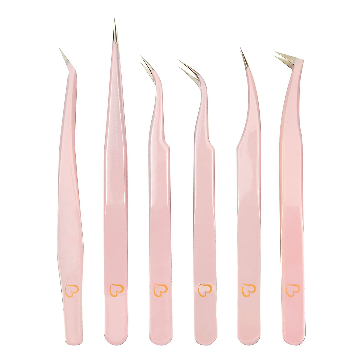 Okuna Outpost 6-Piece Precision Tweezer Set for Eyelash Extensions with Storage Case (Light Pink)