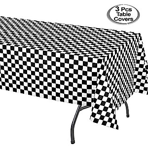AnapoliZ Black Checkered Tablecloth Plastic | 3 Pcs Pack - 54” Wide x 108” Long | Black and White Checkered Disposable Table Cover | Checkered Flag Tablecloth | Retro, Diner, Racing Party Décor