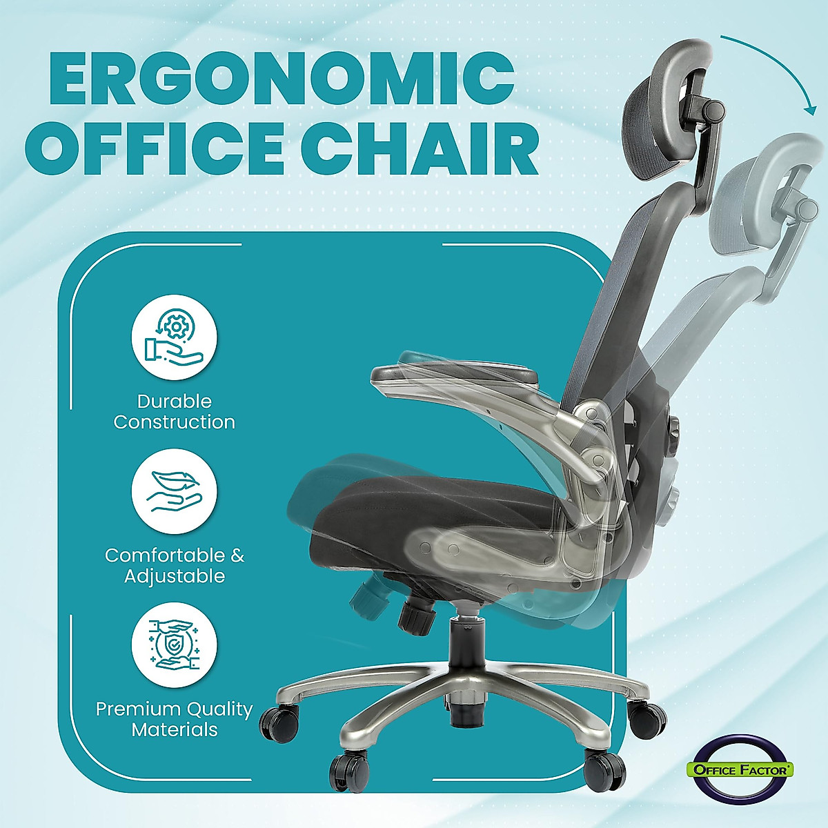 OFFICE FACTOR 500 Lbs Rated Ergonomic Big and Tall Office Chair Flip-Up arms, Mesh Office Chair, Swivel Office Chair with Anti Scratch Wheels, Mesh Executive Chair (Black with Headrest)