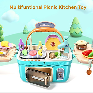 CUTE STONE Kids Picnic & Kitchen Playset,Portable Pinic Basket with Musics & Lights, Color Changing Play Foods, Sink,Pretend Play Oven and Other Accessories Toys for Boys and Girls