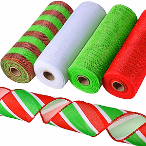Unittype 5 Rolls Christmas Red Green 30 Feet Each Roll Poly Burlap Mesh with Ribbon 10 Inches for Day Party Gift Wrapping DIY Crafts, Style