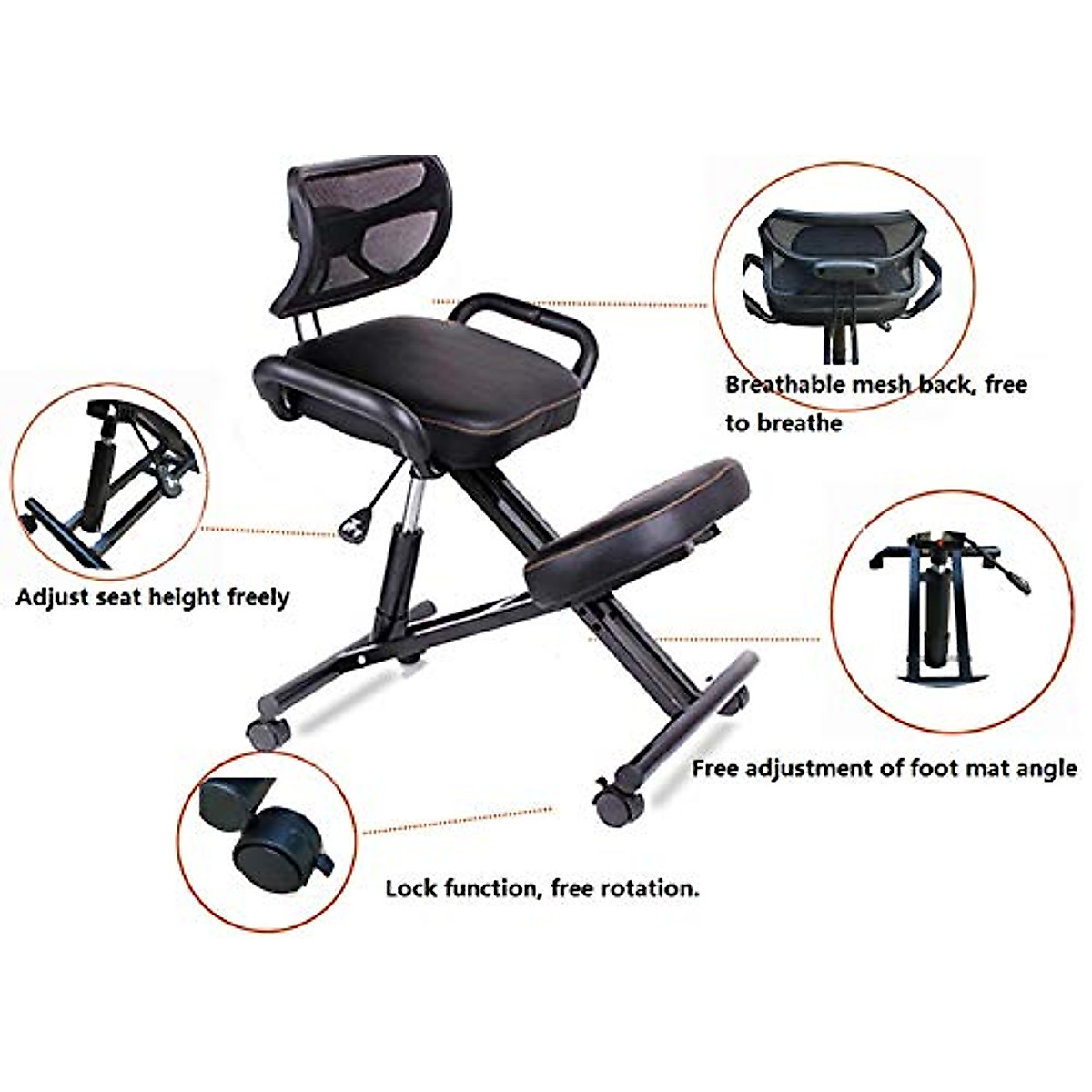 Mobile Kneeling Posture Chair Ergonomic Kneeling Chair Office with Orthopedic Back Pain Seat Adjustable Stool Thick Comfortable Cushions PU Black