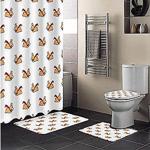 FAMILYDECOR 4 Pcs Bathroom Decor Set, Polyester Waterproof Bath Curtain and Non-Slip Bathroom Rugs Toilet Lid Cover, Cute Cartoon Corgi Running Shower Curtain with Hooks 36x72 Inch
