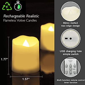 Homemory Rechargeable Flameless Votive Candles with Remote, Battery Operated Tea Lights with Timer, 6 PCS Electric Fake Candle in Warm White (USB Charging Cable Included)