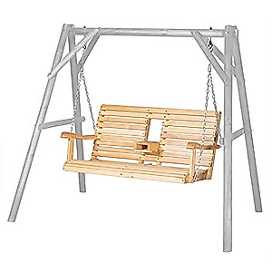 GDLF 4FT Porch Swing Chair Garden Patio Swing Bench Solid Wood Hanging Bench with Foldable Cupholder Heavy Duty Chains
