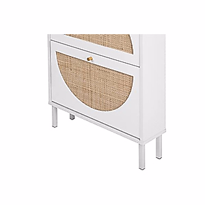 Natural Rattan Shoe Cabinet with 2 Flip Drawers, Entrance Hallway Slim Entryway Shoe Organizer, White Shoe Rack Storage Cabinet for Modern Heels, Boots, Slippers