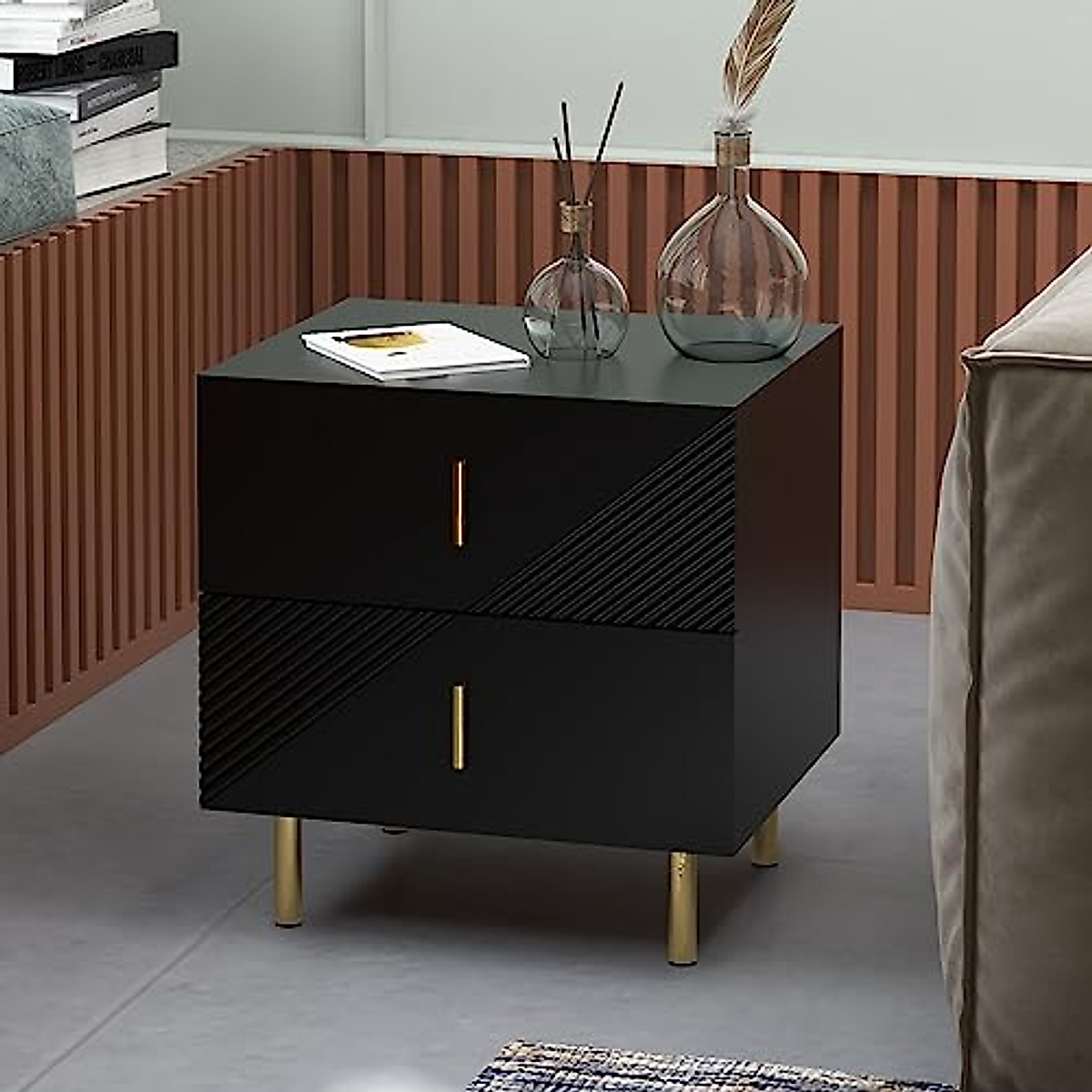 kudikt Black Nightstand with Drawer： Large Nightstand with 2 Drawers Wooden Nightstand for Bedroom Nightstands Black with Gold Adjustable Legs