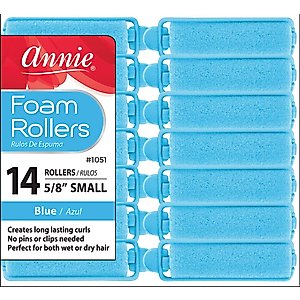 Annie Salon Style Small Foam Hair Rollers - 5/8" Blue - 14 Piece Set - Soft Heat-less Hair Curling Tools