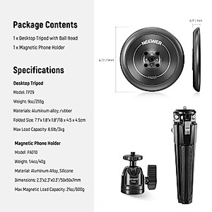 NEEWER Magnetic Desk Phone Tripod Set Compatible with MagSafe iPhone 16 15 Pro Max Plus 14 13 12 Series, Single Hand Grip Selfie Stick Metal Tabletop Mini Tripod with Ball Head, PA010+TP29