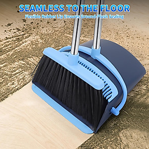 Broom and Dustpan Set 2023 Outdoor Or Indoor Broom Dust Pan 3 Foot Angle Heavy Push Combo Upright Long Handle for Kids Garden Pet Dog Hair Lobby Wood Floor Sweeping Kitchen House (Blue)