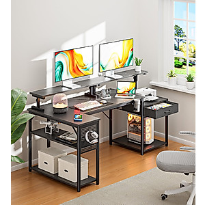 DOMICON Computer Desk 72" L Shaped Desk with Power Outlets, Gaming Desk with LED Lights & Long Adjustable Monitor Stand, Corner Desk with Storage, Cup Holder & Headset Hooks (Black Carbon Fiber)