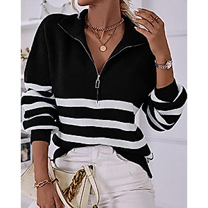 BTFBM Women 2023 Casual Long Sleeve Zip Striped Pullover Sweaters V Neck Collar Ribbed Knit Fall Winter Slouchy Jumpers (Striped Black, Large)