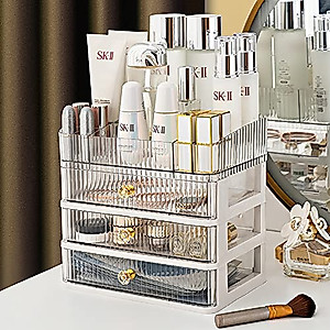 KchThass Acrylic Makeup Organizer with 3 Drawers,Cosmetic Display Cases for Vanity,Skincare Organizers Countertop,Desk Storage Holder for Perfume,Lotion,Lipstick,Brushe,Nail Polish(4-Layer,Clear)
