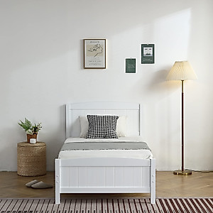 Karl home Wood Bedframe Twin Bed Frame with Headboard Bedroom Platform Bed with Footboard, 12 Wood Slat Support, No Box Spring Needed, White