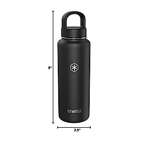 ICEWATER-40 oz Insulated Water Bottle With 2 Lids (Auto Straw & Wide Mouth),Stainless Steel,BPA-Free,Vacuum Double Walled, Leak Proof,Wide Mouth (40 oz, Black)