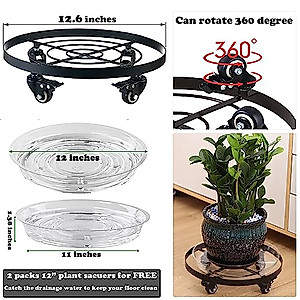 3 Packs Large Metal Plant Caddy 12.6” Plant Dolly with Wheels Heavy-Duty Wrought Iron Rolling Plant Stand with Casters for Indoor and Outdoor Plant Pot Rollers Black, 12" Clear Plant Saucers Included