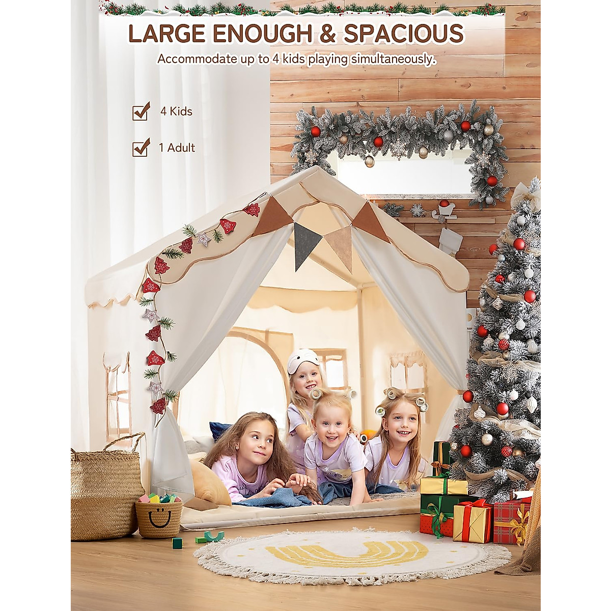 besrey Kids Tent, Kids Playhouse 2 in 1 with Padded Mat and Lights, Large Play Tent with 2 Doors & 4 Windows, Kids Play Tent Indoor & Outdoor, Christmas Toddler Tent for Kids, 51" x35" x 51"