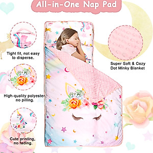 Toddler Nap Mat with Removable Pillow and Soft Dot Minky Blanket Pea Pod Kids Unicorn Napping Mats, Extra Large Rolled Slumber Bags for Girls Preschool, Daycare, Camping, 22 x 54inches Ages 3-7 Years