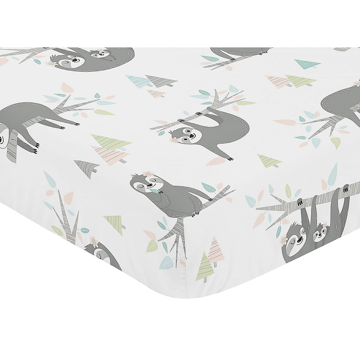 Sweet Jojo Designs Pink and Grey Jungle Sloth Leaf Girl Baby or Toddler Nursery Fitted Crib Sheet - Blush, Turquoise, Gray and Green Botanical Rainforest