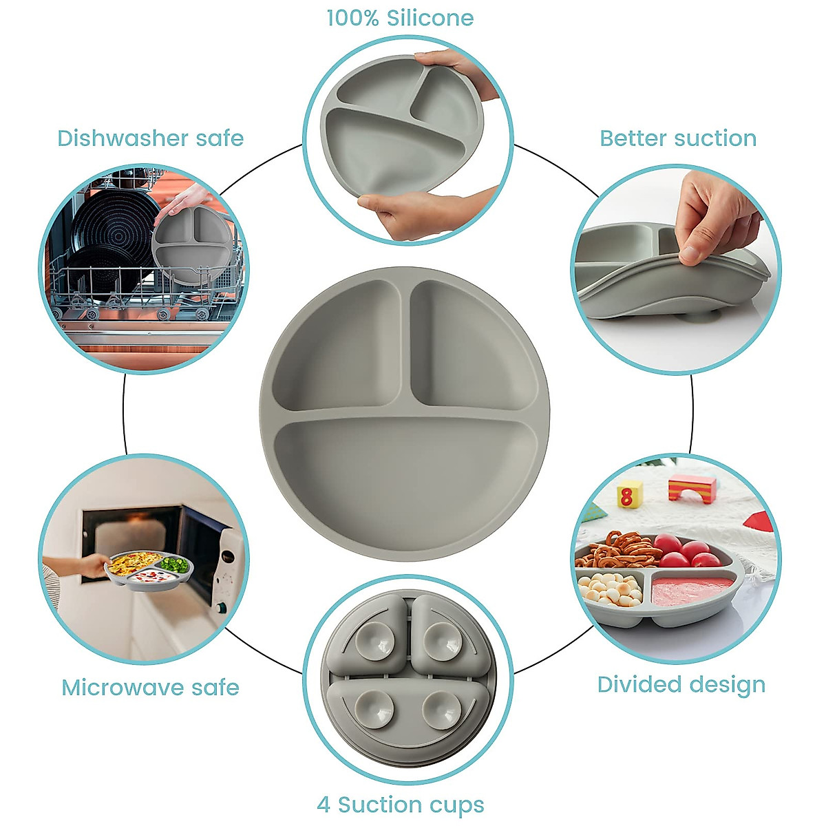 Silikong Suction Plate for Toddlers | BPA Free, 100% Food-Grade Silicone | Microwave, Dishwasher and Oven Safe | Stay Put Divided Baby Feeding Plates (3, Pink/Purple/Grey)