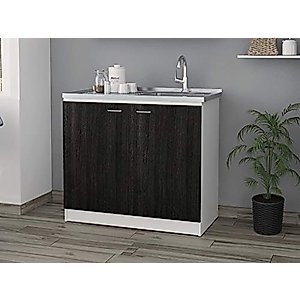 Tuhome Napoles Utility Sink Cabinet with 2 Inner Shelves and Double Doors, White/Black