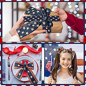 H1vojoxo 4PCS Patriotic Wired Ribbon Rolls, Independence Day Wired Edge Ribbons, American Flag DIY Craft Ribbon, Patriotic Burlap Ribbon Decor, July 4th Stars and Stripes Ribbon for Gift, 20 Yards