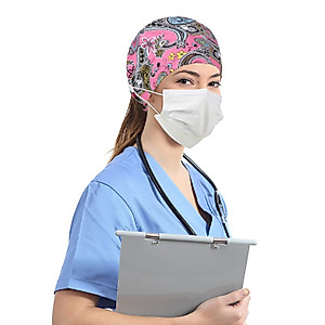 SATINIOR 6 Pieces Adjustable Turban Caps with Button and Sweatband Bouffant Printed Covering Hat for Women Men