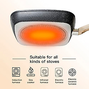 RUNHU Frying Pan, Granite Nonstick Omelet Pan, Durable Egg Pan, PFOA Free, Square Skillet Suitable for Gas Stove & Induction Cookware, 9 x 9.4 inch