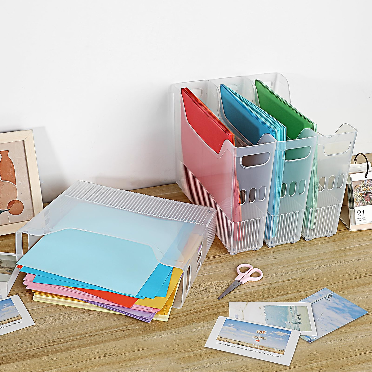 BTSKY 4 Pack Scrapbook Paper Storage Box with Wheels, Plastic Storage Organizer for 12" x 12" Scrapbook Papers, Portable File Organizer with Built-in Handle, Functional Magazine Holder Paper Rack