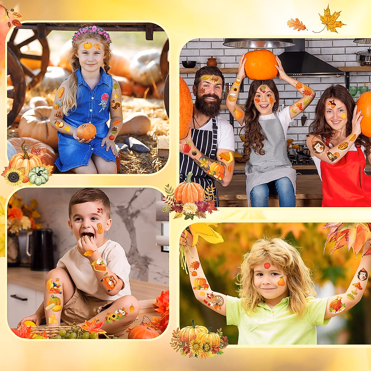 Lincia 120 Sheets Fall Thanksgiving Temporary Tattoos for Kids 24 Styles Kids Autumn Temporary Tattoos Stickers Turkey Pumpkin Leaves Harvest Face Carnival Tattoos for Children Theme Party Supplies