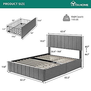 YITAHOME Upholstered Platform Bed Frame with 4 Storage Drawers and Adjustable Headboard, Mattress Foundation with Sturdy Wood Slat Support, No Box Spring Needed, Grey(Queen)