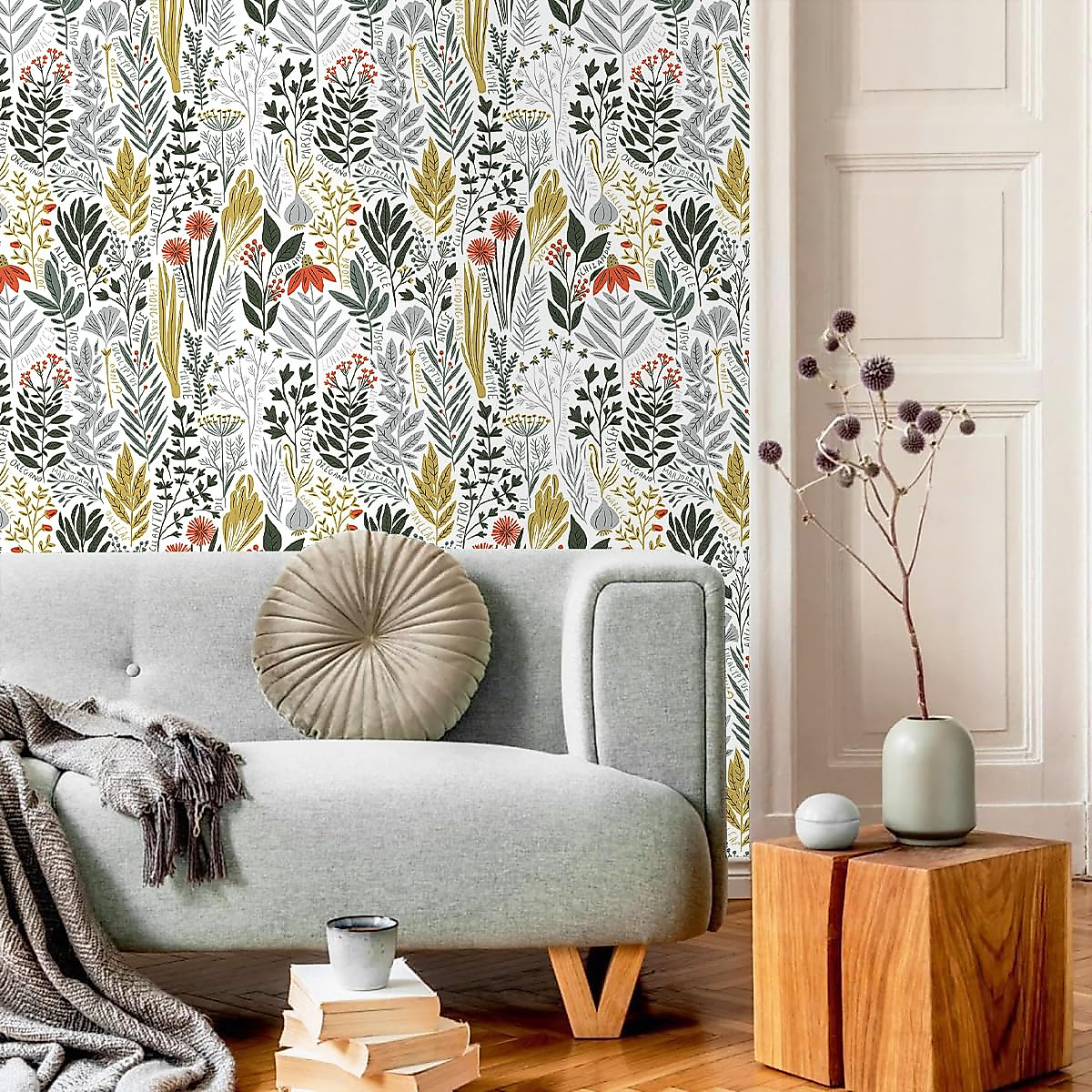 Livebor Floral Wallpaper Peel and Stick Wallpaper Floral Contact Paper 17.7inch x 118.1inch Modern Green Leaf Wallpaper Boho Floral Wallpaper Self Adhesive Wallpaper for Bedroom Leaves Wallpaper Vinyl