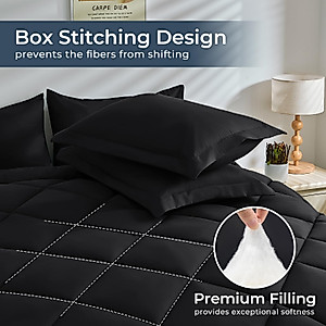 HEVUMYI Queen Comforter Set 7 Pieces, All Season Black Bed in a Bag for Bedroom, Hypoallergenic Ultra Soft Bedding Sets Queen with Black Comforter, Flat Sheet, Fitted Sheet, Pillowcases & Pillow Shams