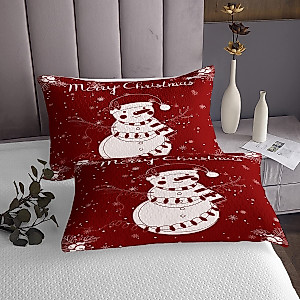Homewish Cute White Snowman Bedding Set King Size,Merry Christmas Red Bedspread 3pcs for Kids Boys Girls Bedroom Gift,Fantasy Snowflake Comforter Set New Year Xmas Decor Quilt Set,2 Pillowcases