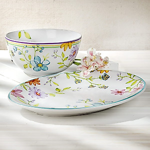 Charlotte Collection 15" Oval Platter and 9" Fruit/Vegetable Bowl, Multicolor Watercolor Floral/Garden Design, 2 Piece Stoneware Serving Set