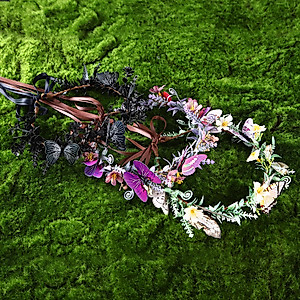 MOSTORY Handmade Black Flower Butterfly Crown - Gohic Elf Headpiece Fairy Floral Headband Dark Wreath for Women Girls Halloween Renaissance Cosplay Festival Witch Party