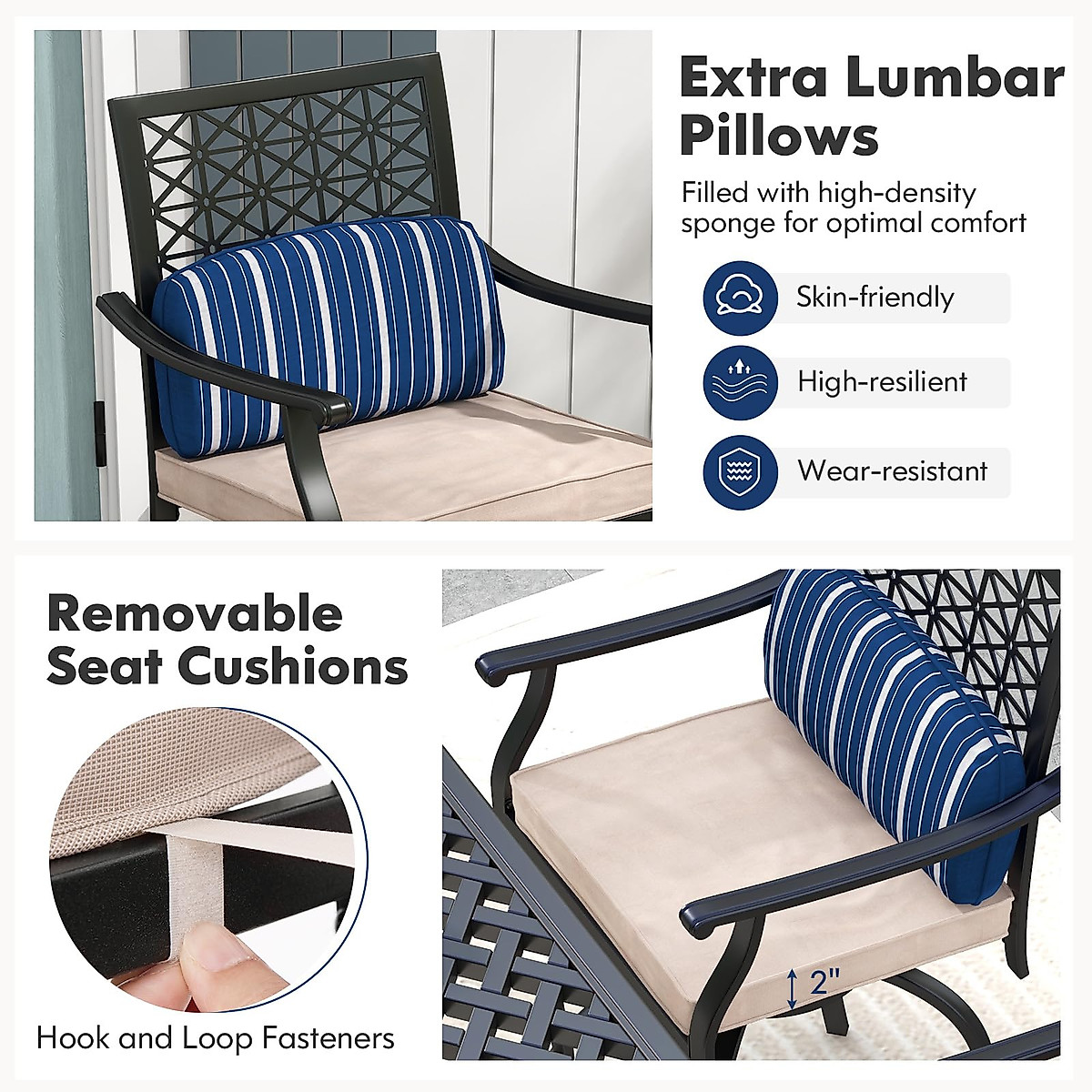 COSTWAY Outdoor Bar Chair Set of 4, 24.5 Inch Swivel Counter Height Bar Stools with Footrest, Seat Cushions & Lumbar Pillows, Metal Dining Bar Chairs for Patio, Backyard, Poolside (4)