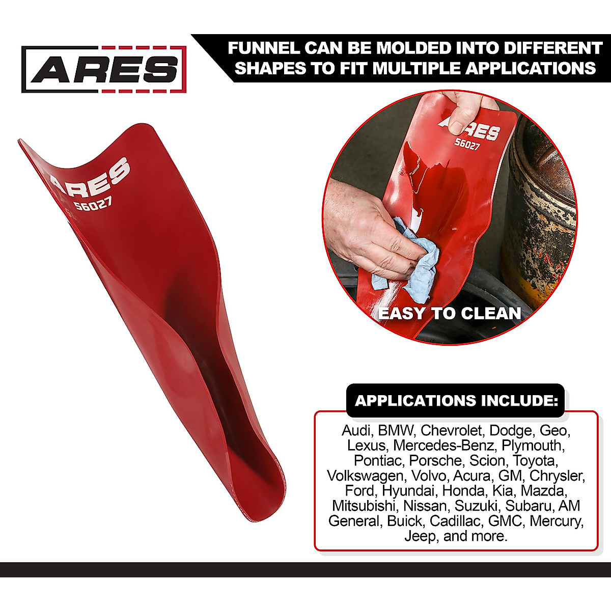ARES 56027 - Universal Flexible Oil Funnel - Spill-Free Oil Filling - Easy to Use 1-Person Design - Fits Multiple Applications