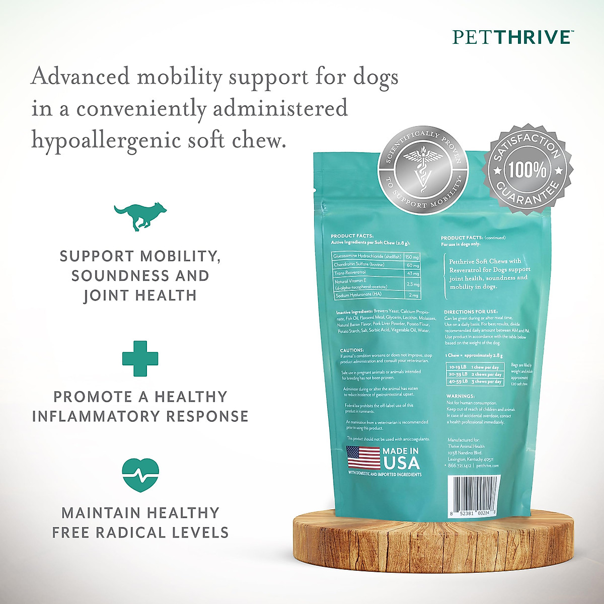 PetThrive Dog Hip and Joint Support Supplement Soft Chews with Resveratrol, Glucosamine, Chondroitin, Hyaluronic Acid, Bacon Flavor, Small Breed