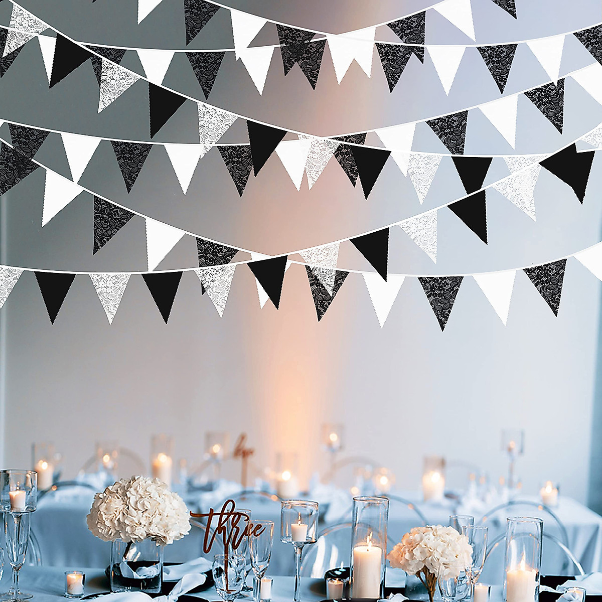 10M/32Ft White Pennant Banner Fabric Lace Triangle Flag Cotton Bunting Garland Streamers for Wedding Chistmas Birthday Anniversary Party Home Nursery Outdoor Garden Hanging Festivals Decorations